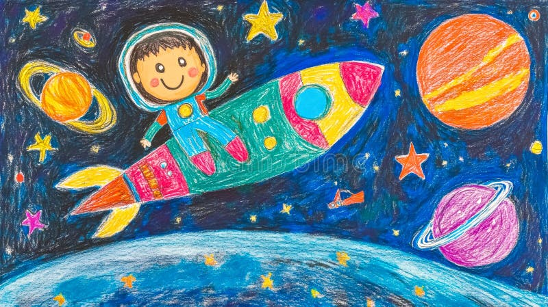 Child S Drawing of Astronaut Riding Rocket through Space Stock Image ...