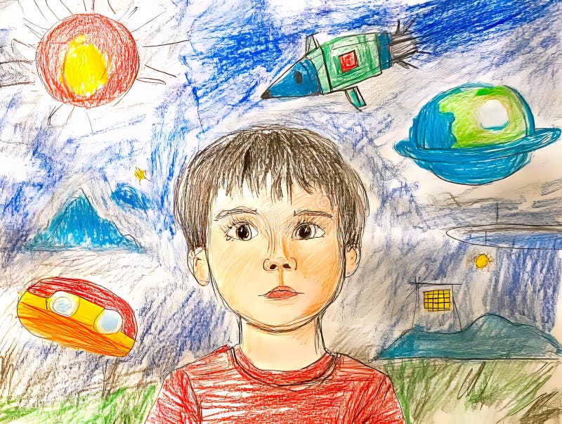 A Child S Drawing of a Boy Looking Up at a Space Scene Stock Image ...
