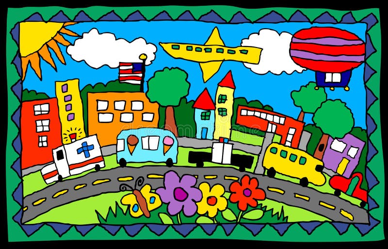 Child s drawing- busy town stock vector. Illustration of innocent ...
