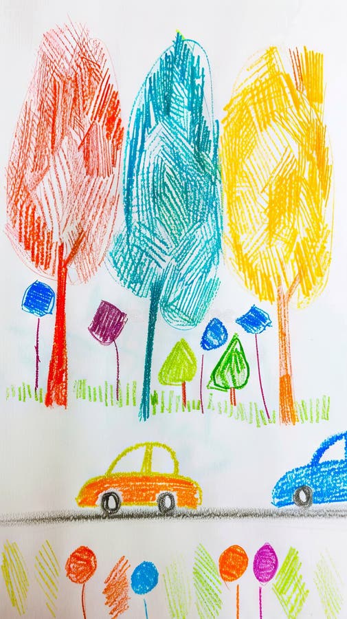 A Child S Drawing of a Car Driving Down a Road with Trees in the ...