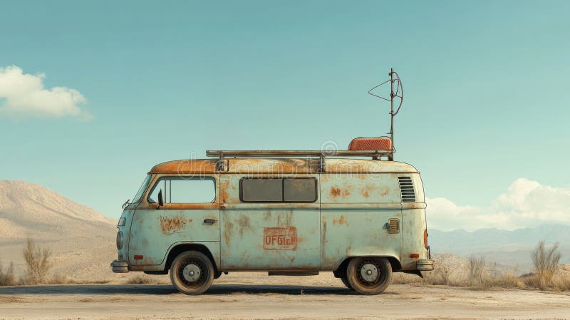 Childâ€™s Drawing of Cartoon Off-Grid Van in the Desert Stock ...