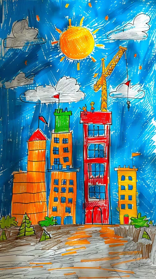 A Child S Drawing of a City with Buildings and Sun Stock Image - Image ...