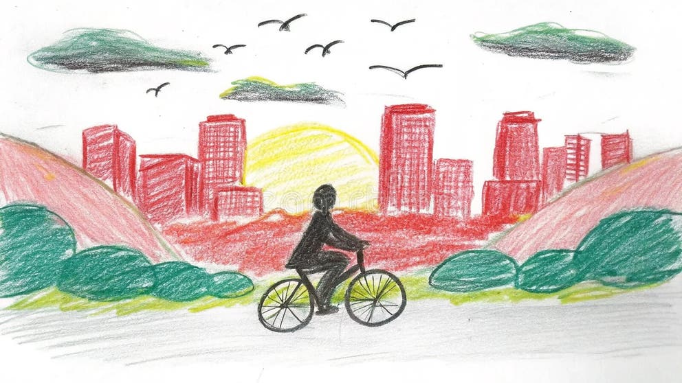 Child S Drawing of a Cyclist at Sunset Stock Illustration ...