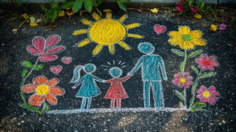 Child S Drawing of a Family with Chalk. Selective Focus Stock Image ...