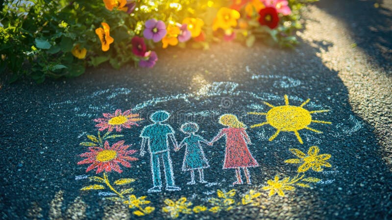 Child S Drawing of a Family with Chalk. Selective Focus Stock Photo ...