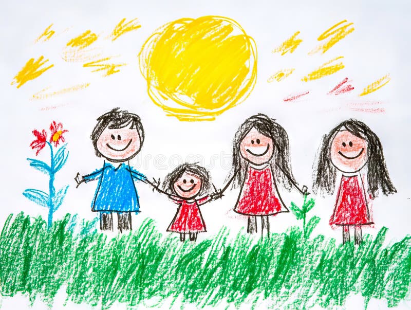 A Child S Drawing of a Family Holding Hands in a Field Stock Photo ...