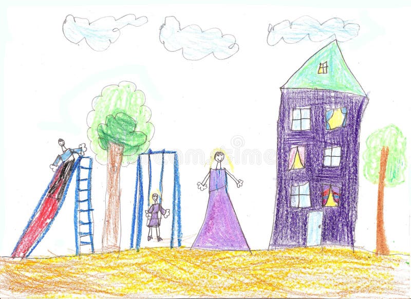 Child`s Drawing Family. House, Trees and Bench Stock Illustration ...