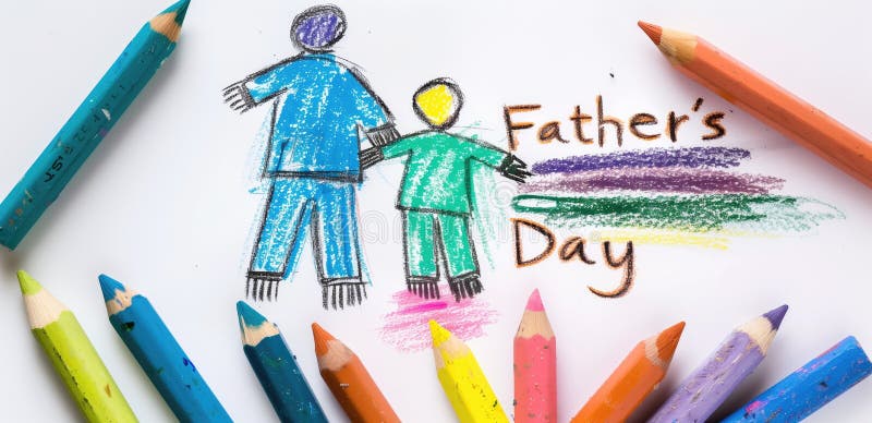 Child S Drawing of Father and Child with Colorful Crayons on White ...