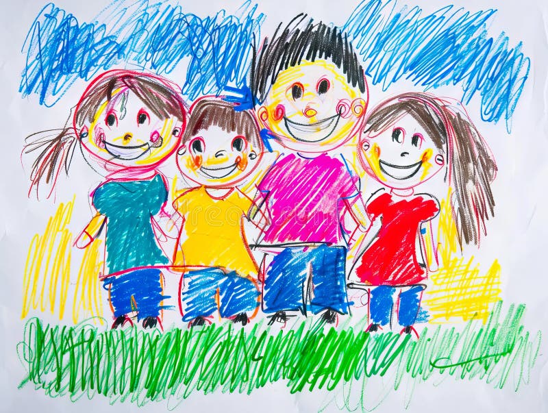 A Child S Drawing of a Group of Children Standing in a Field Stock ...