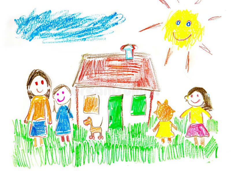 A Child S Drawing of a House with Family Stock Image - Image of crayon ...