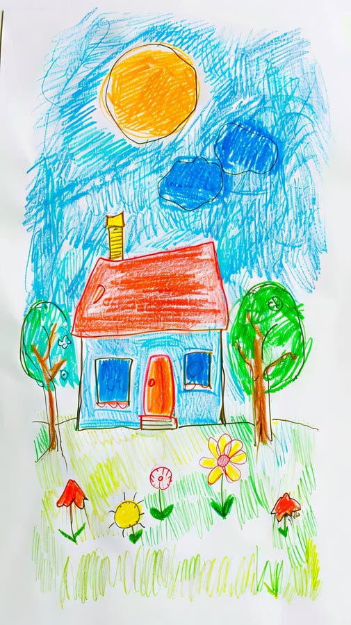 A Child S Drawing of a House in the Middle of a Field Stock Image ...
