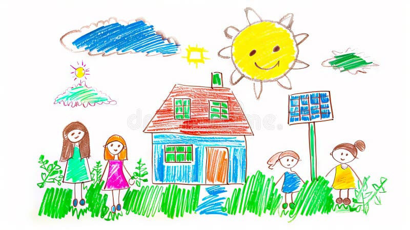A Child S Drawing of a House with a Solar Panel and Three Children ...