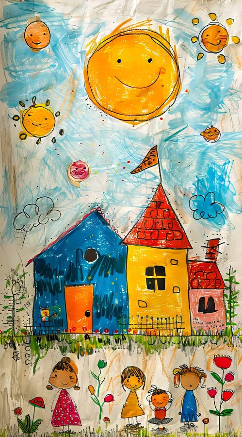 A Child S Drawing of a House with Sun and Flowers Stock Image - Image ...
