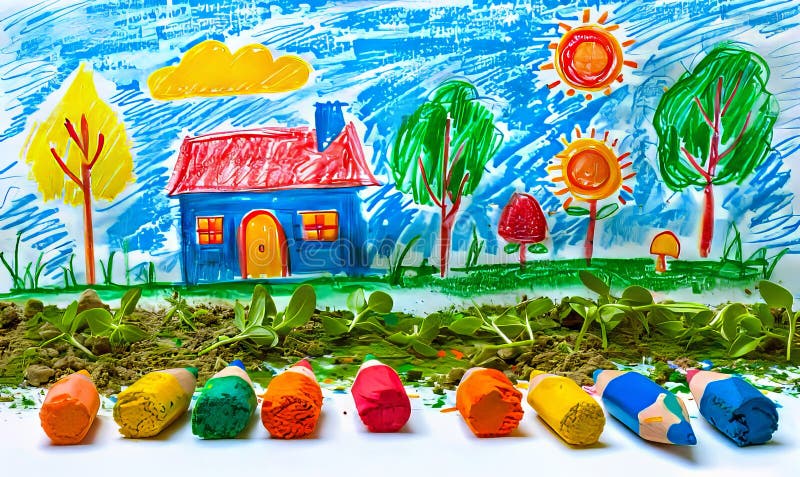 A Child S Drawing of a House Surrounded by Crayons Stock Image - Image ...