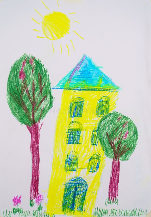 Child S Drawing of a House, Trees and Sun Stock Image - Image of ...