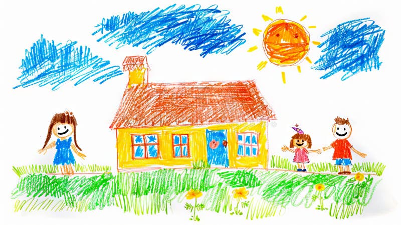 A Child S Drawing of a House with Two Children Stock Photo - Image of ...