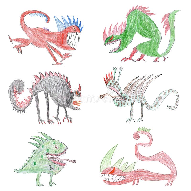 Child`s Drawing with Monsters. Concept of Children Creativity Stock ...