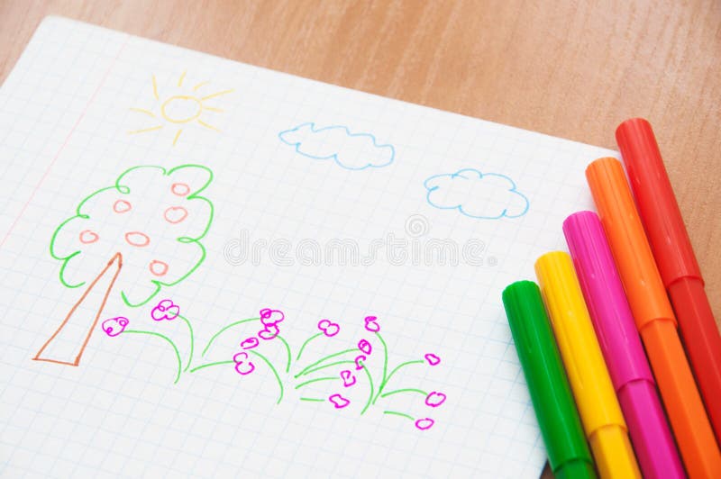 Child S Drawing on Paper and Markers Stock Photo - Image of clouds ...
