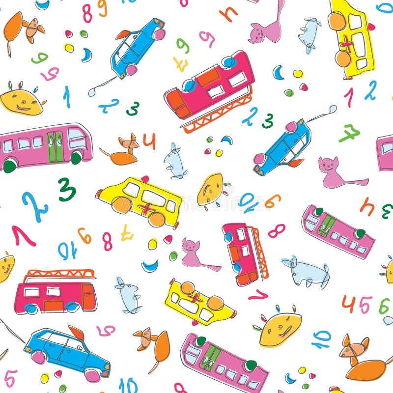 Child S Hand Drawn Colorful Pattern with Cars and Animals. Stock Vector ...