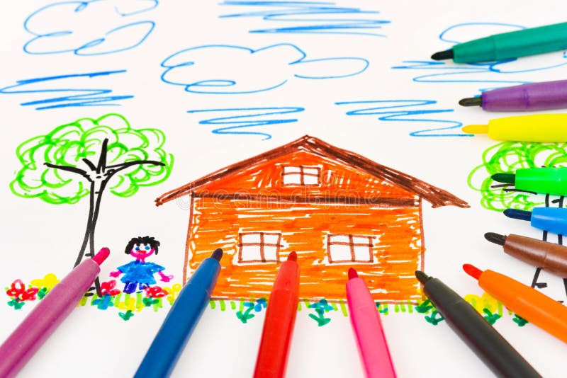 Child s drawing and pens stock image. Image of construction - 12752497
