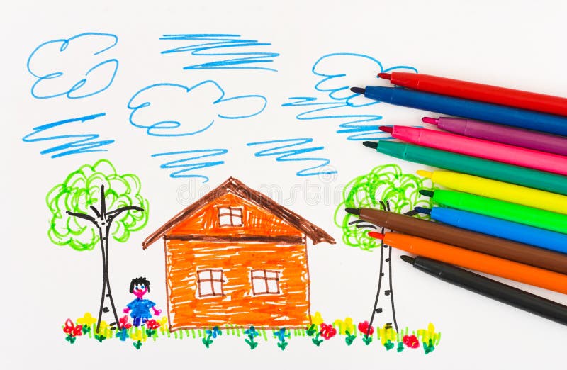 Child s drawing and pens stock illustration. Illustration of love ...