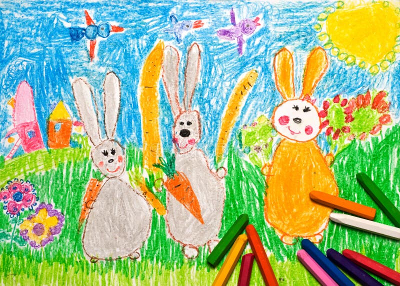 Child S Drawing of Rabbits Family Stock Illustration - Illustration of ...