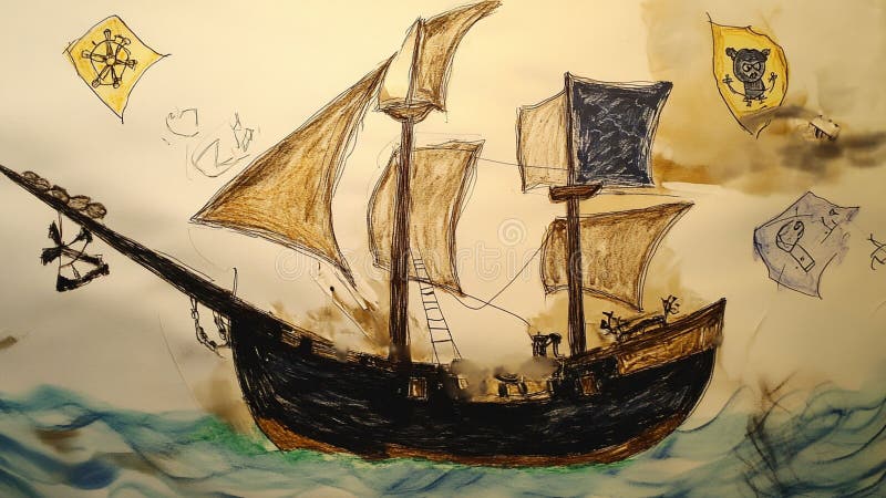 Child S Drawing of a Sailing Ship at Sea with Treasure Map and Flags ...