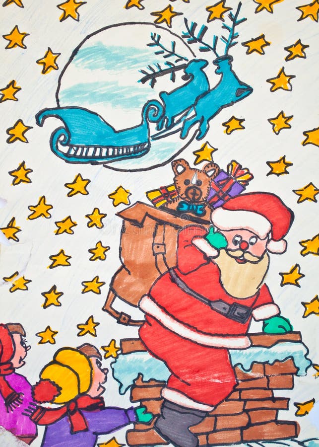 Child S Drawing of Santa Claus Holding Gift Bag Stock Illustration ...