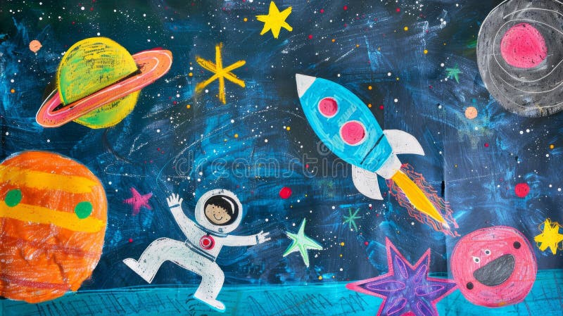 Child S Drawing of a Space Scene with Planets, Stars, a Rocket, and a ...