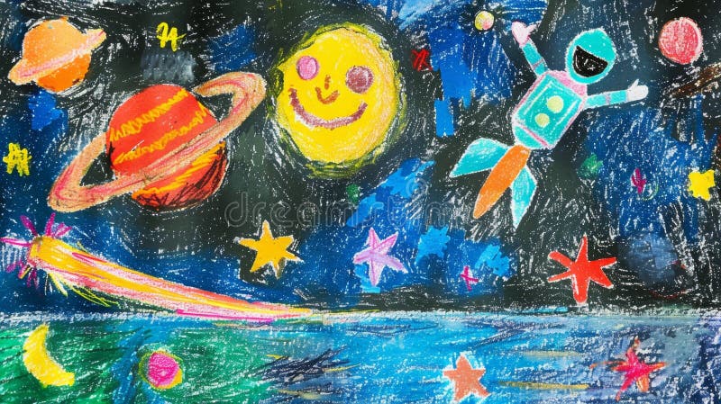 Child S Drawing of a Space Scene with Planets, Stars, a Rocket, and a ...