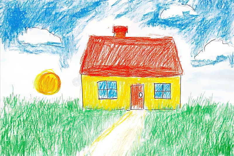 A Child S Drawing of a Yellow House in a Field Stock Photo - Image of ...