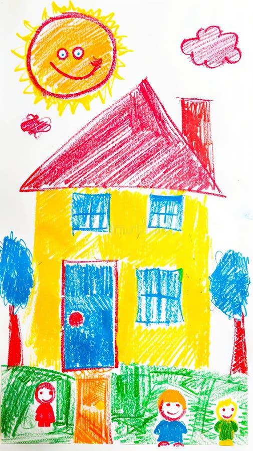 A Child S Drawing of a Yellow House with a Smiling Sun Stock Image ...
