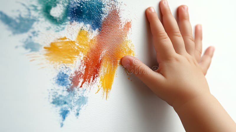 A Child S Hand with Colorful Paint Splatter on White Background Stock ...