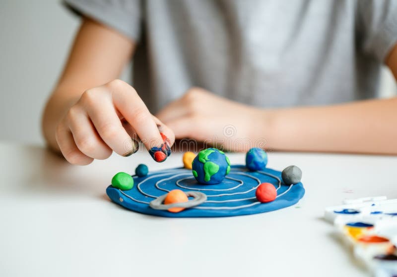 Child S Hand Creating Solar System Model with Clay Planets on White ...