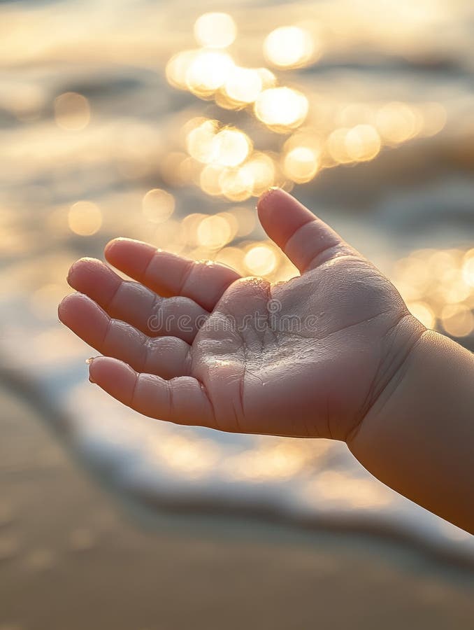 Child S Hand Open by the Shore at Sunset. Stock Photo - Image of sunset ...