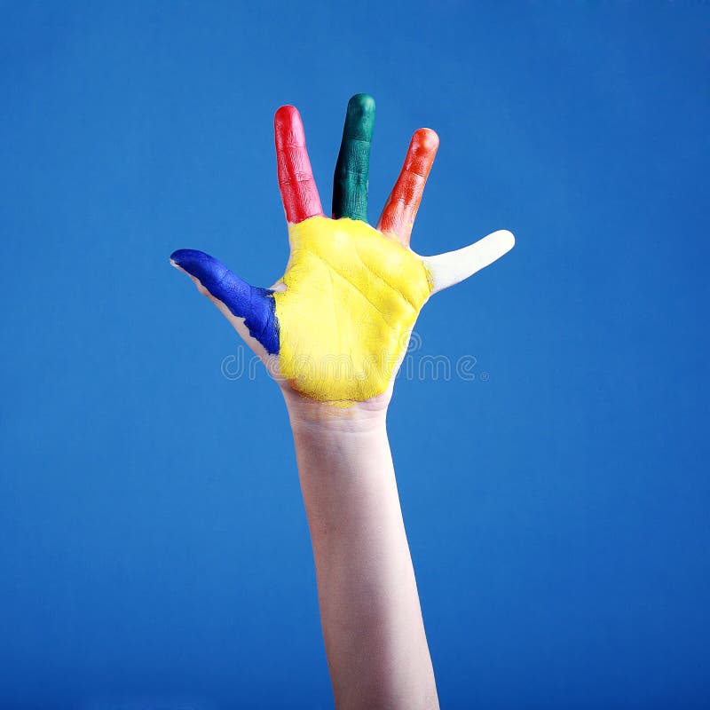 Child S Hand Painted with Multicolored Finger Paints on Blue Stock ...