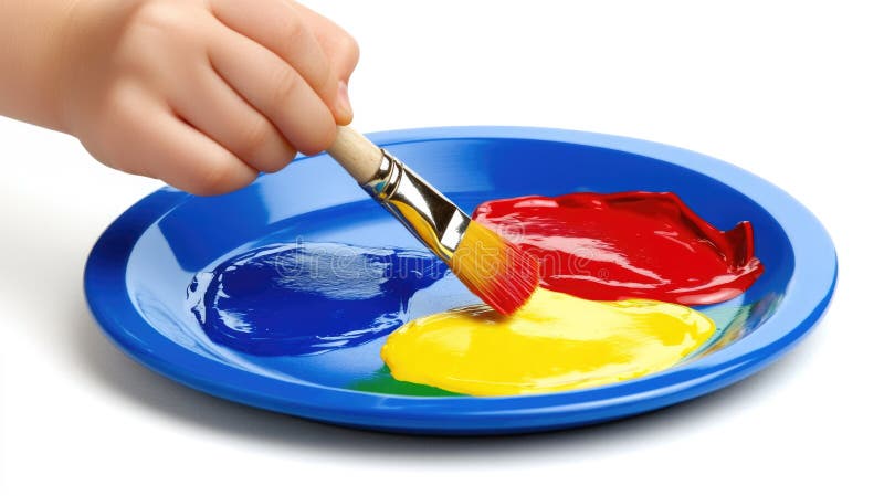 Child S Hand Painting with Primary Colors on Blue Plate Stock Image ...