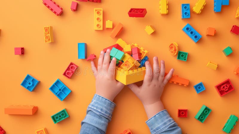 A Child S Hand Playing with Lego. There are Legos Scattered on the ...