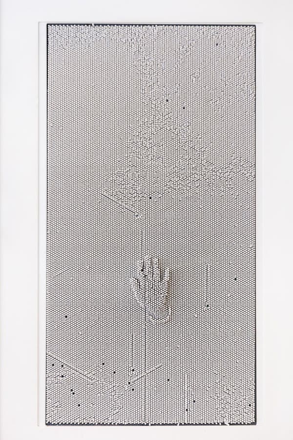 Child`s Hand Pressed on White Pin Art Board Stock Image - Image of ...