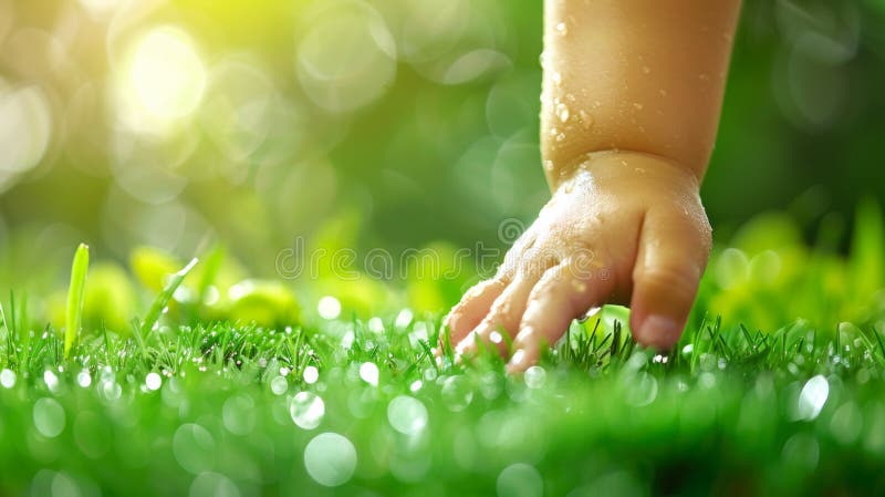 A Child S Hand Reaching for a Green Leaf on the Grass, AI Stock Image ...
