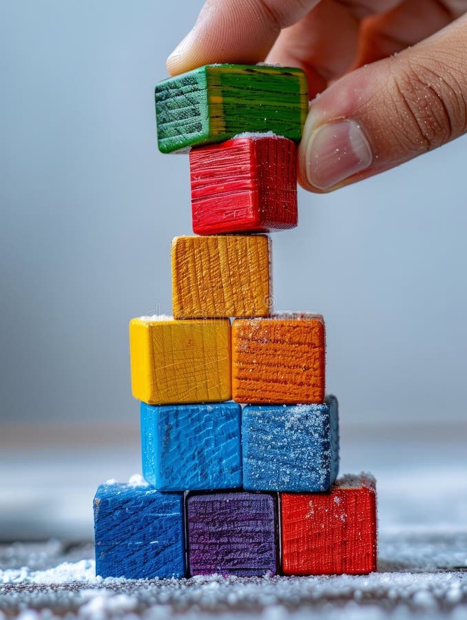 Child S Hand Stacking Colorful Wooden Blocks in a Tower Shape. Stock ...