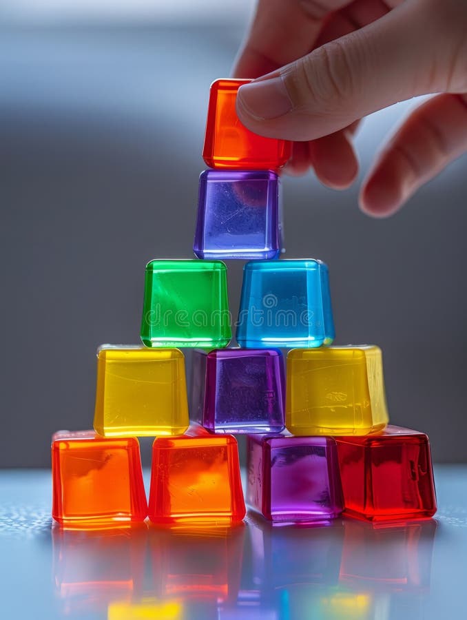 Child S Hand Stacking Multicolored Plastic Cubes into a Pyramid. Stock ...