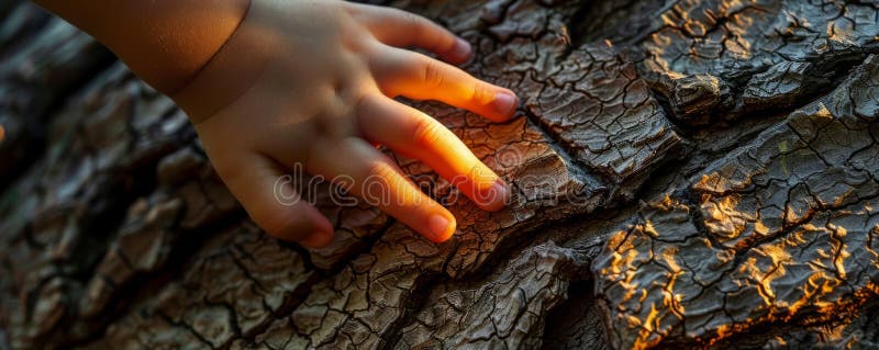 Child& X27;s Hand Touching Textured Tree Bark Stock Illustration ...