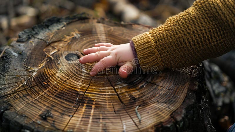 A Child S Hand Touching a Tree Stump Stock Image - Image of touch ...