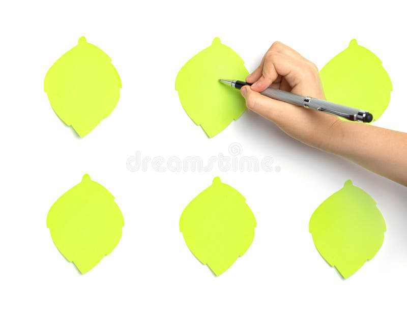 Child`s Hand Writes Text on a Green Sticker Stock Image - Image of ...