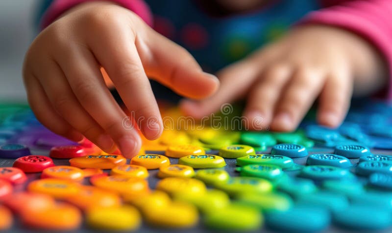 A Child S Hands Explore and Sort Vibrant Counting Chips, Arranged in a ...