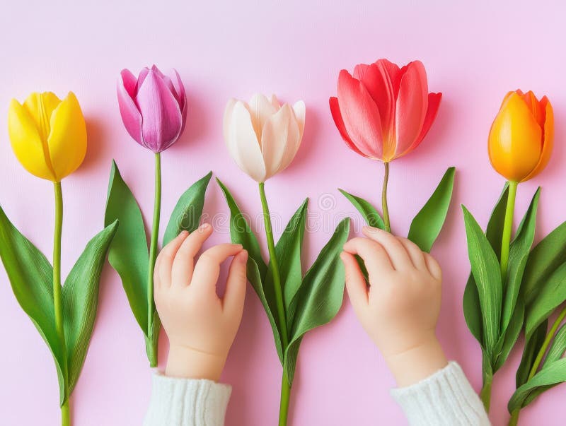 A Child S Hands Exploring Vibrant Tulips with a Soft Pink Backdrop this ...