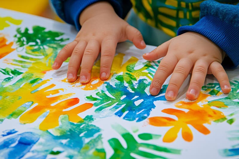 Child S Hands Gently Touching a Colorful Finger Painting of Leaves ...