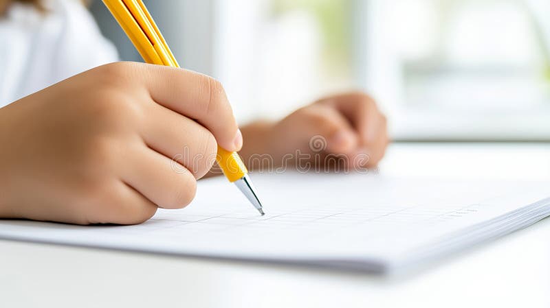 Child S Hands Gripping Yellow Pen while Writing Studiously in Open ...