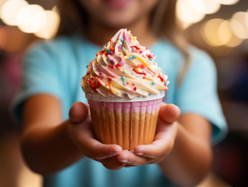A Child S Hands Holding a Cupcake Covered with Rainbow Sprinkles ...